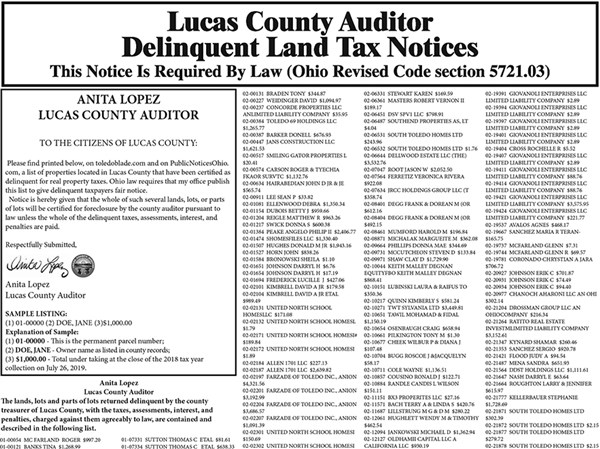 2019 Lucas County Auditor Delinquent Land Tax Notices | The Blade