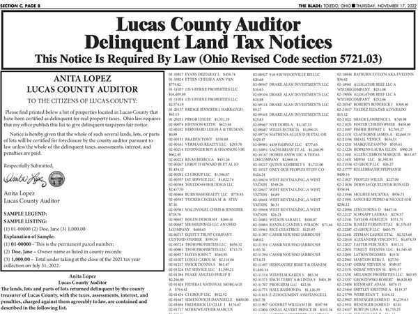 Updated 2022 Lucas County Auditor Delinquent Land Tax Notices | The Blade